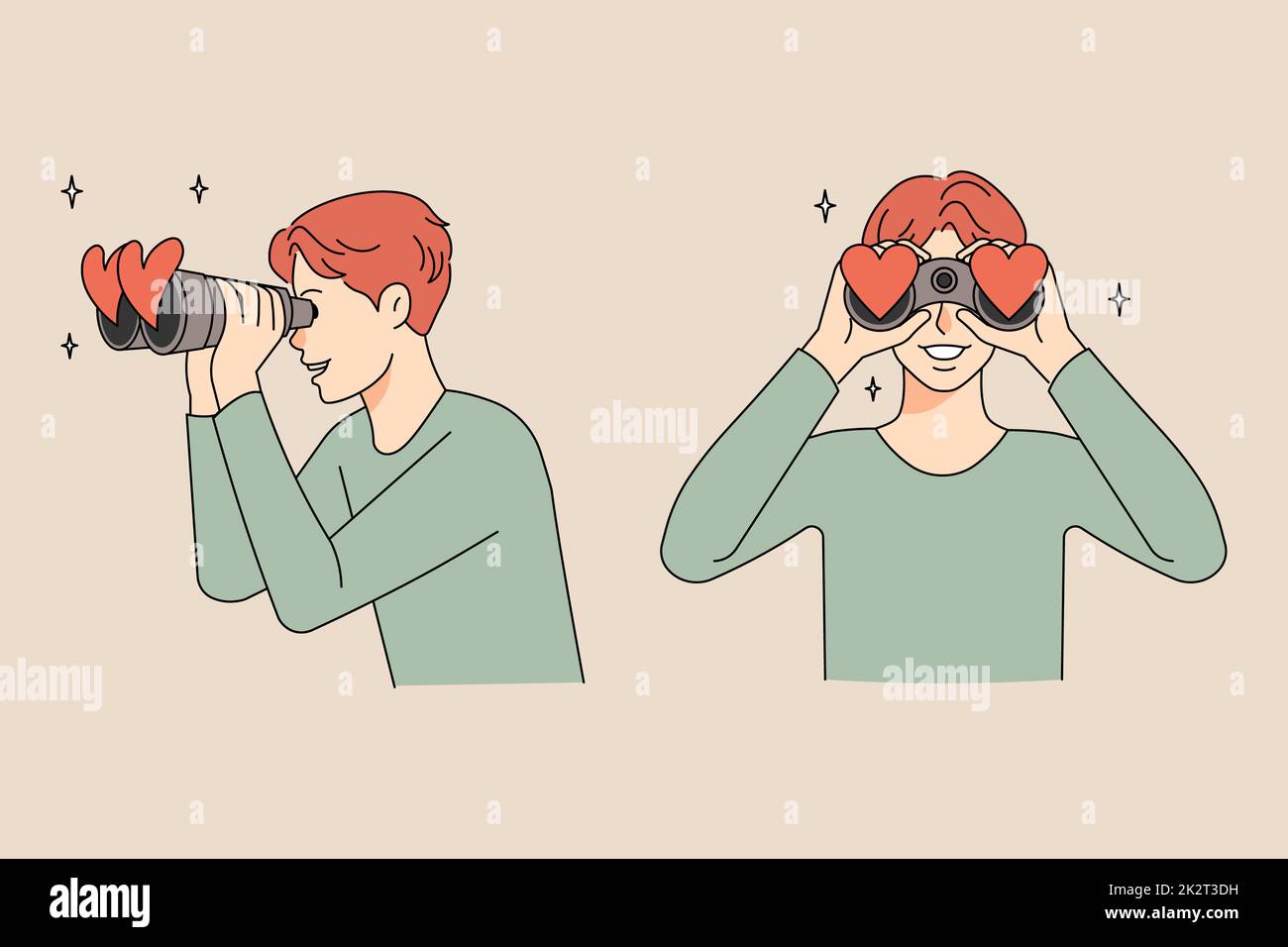 Happy man look in binoculars search for love Stock Photo - Alamy