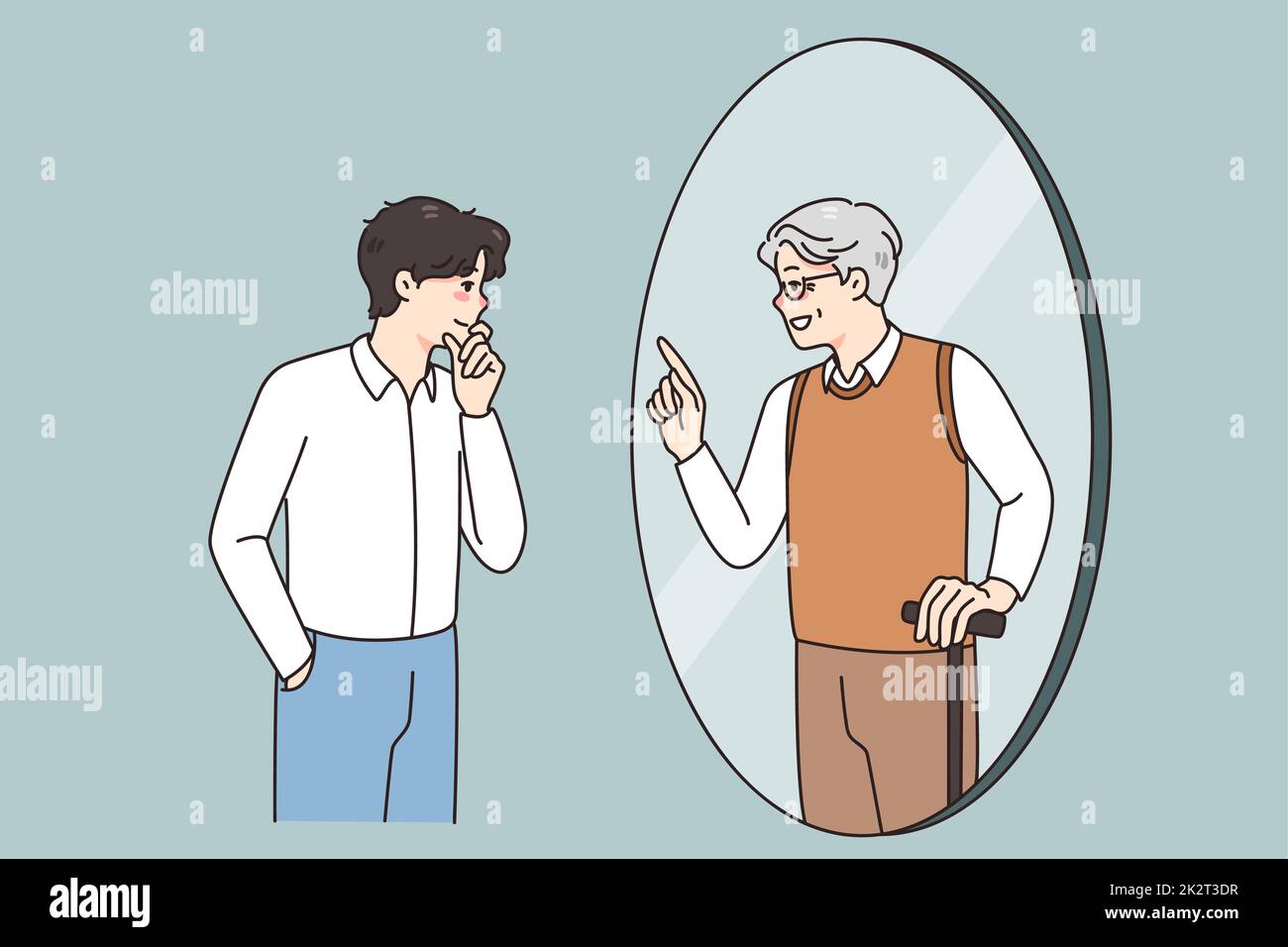Young man look in mirror talk with old self Stock Photo - Alamy