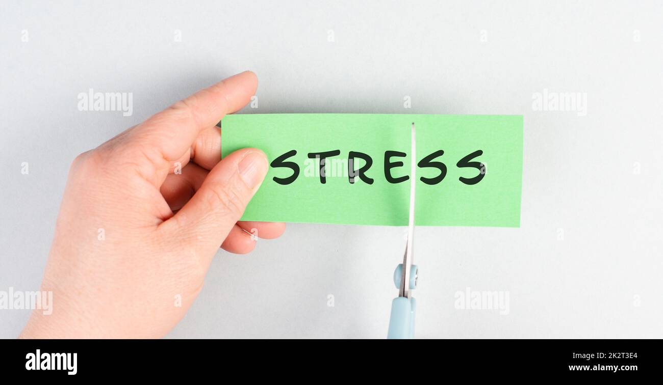 The word stress is standing on a paper, cutting the word with scissors ...
