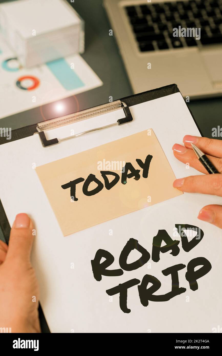 Hand writing sign Road Trip. Concept meaning Roaming around places with ...