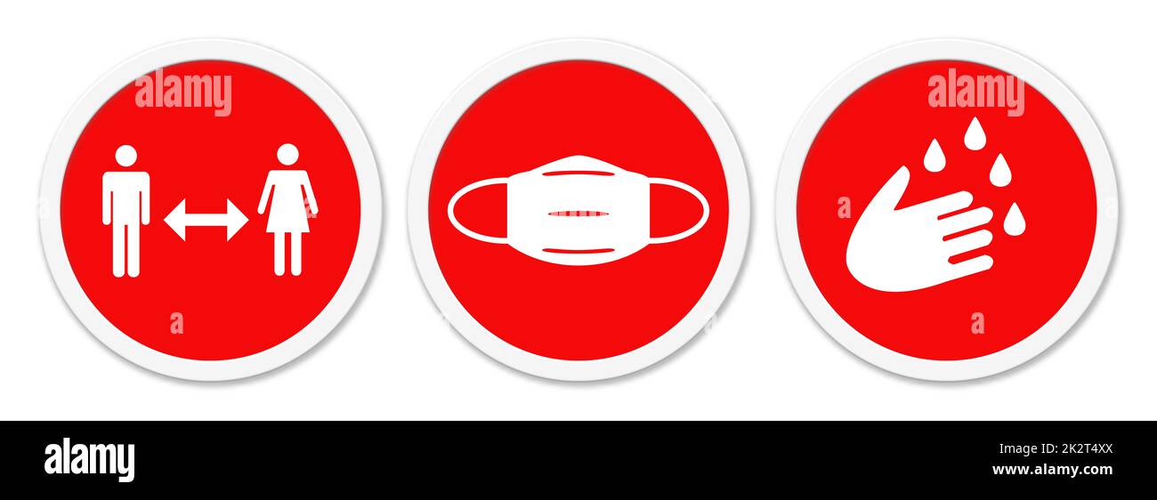 Round red Buttons showing: Keep Distance, Wear a Face Mask and Wash ...