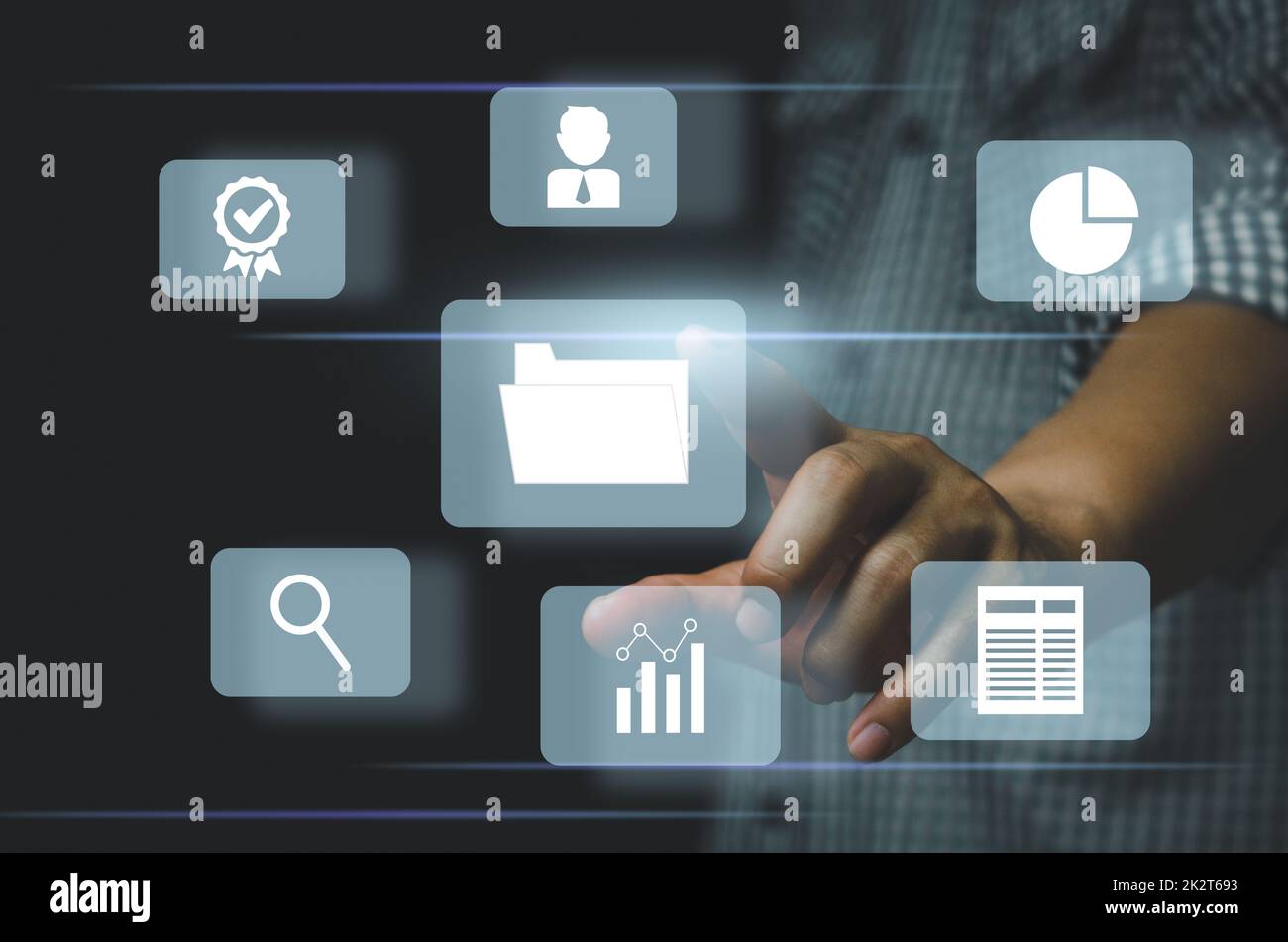 Businessman touching on icons on virtual screen Enterprise Resource Planning ERP document ...