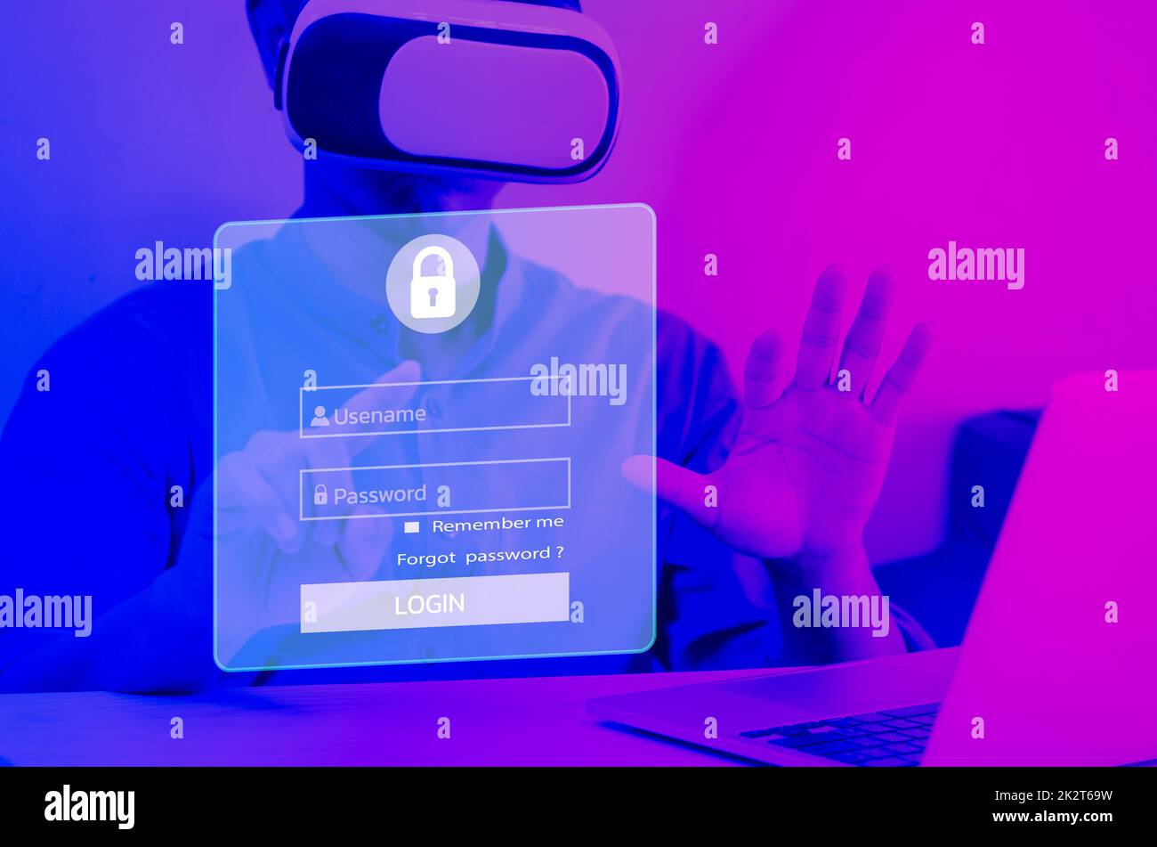 man using laptop computer modern metaverse login password touchscreen virtual screen concept ...