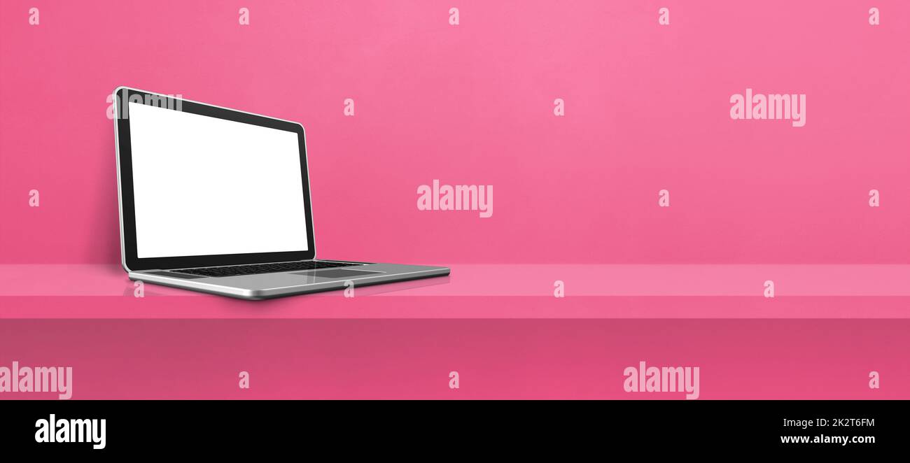 Laptop computer on pink shelf background banner Stock Photo - Alamy