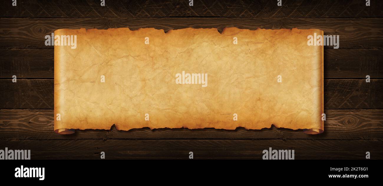 Old paper horizontal banner. Parchment scroll on a wood board Stock ...