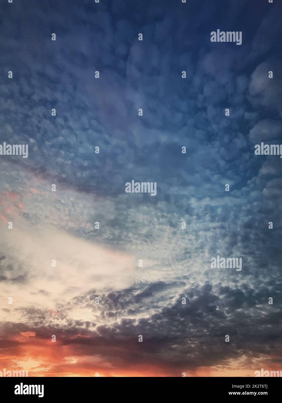 Dreamlike sunset sky vertical background with fluffy and colorful cirrus clouds above the ...