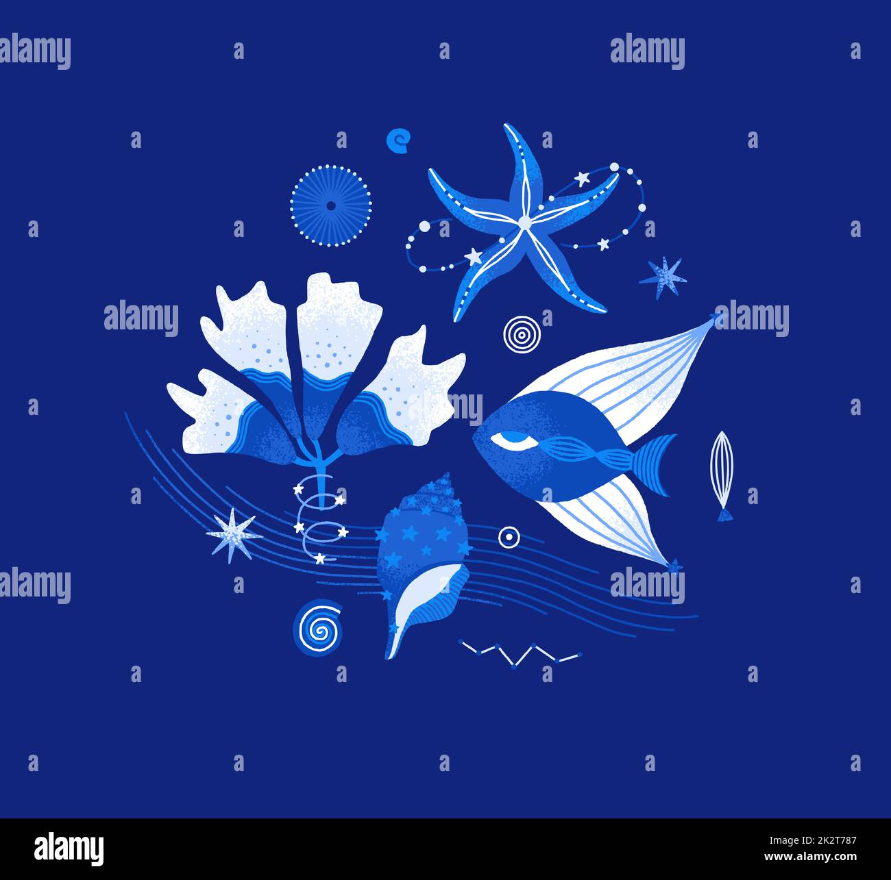 Cosmic fish, seaweed, seashells, starfish. Magic underwater life ...