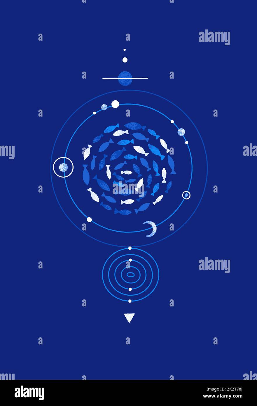 Mysterious space composition of fish, cosmic bodies and circles ...