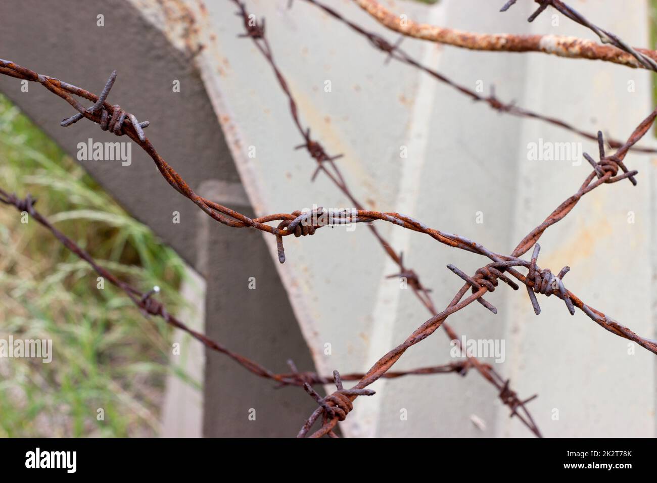 Detail hedgehod anti-tank barrier with barbed wire Stock Photo - Alamy