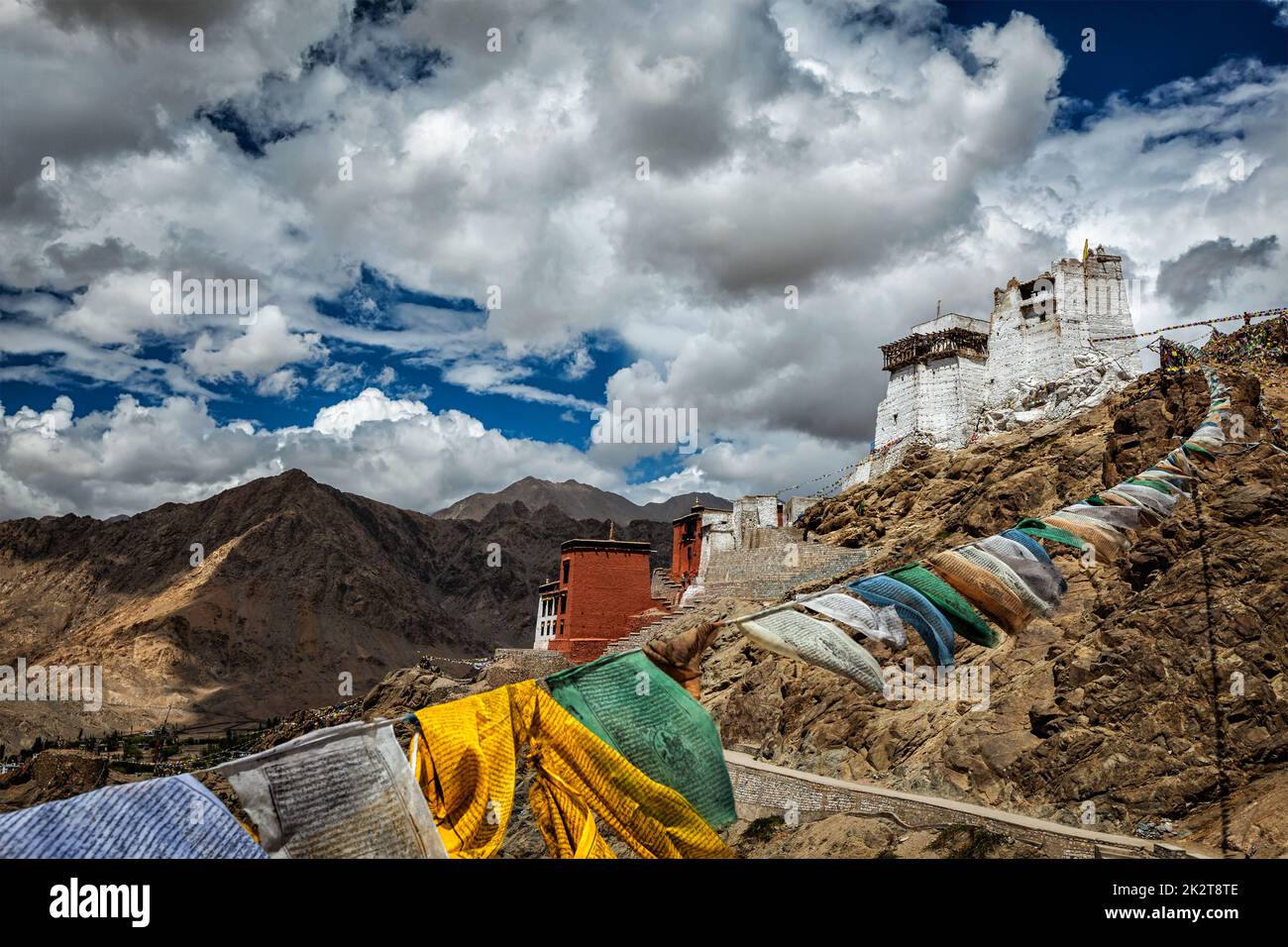 Leh gompa and lungta prayer flags, Ladakh Stock Photo - Alamy