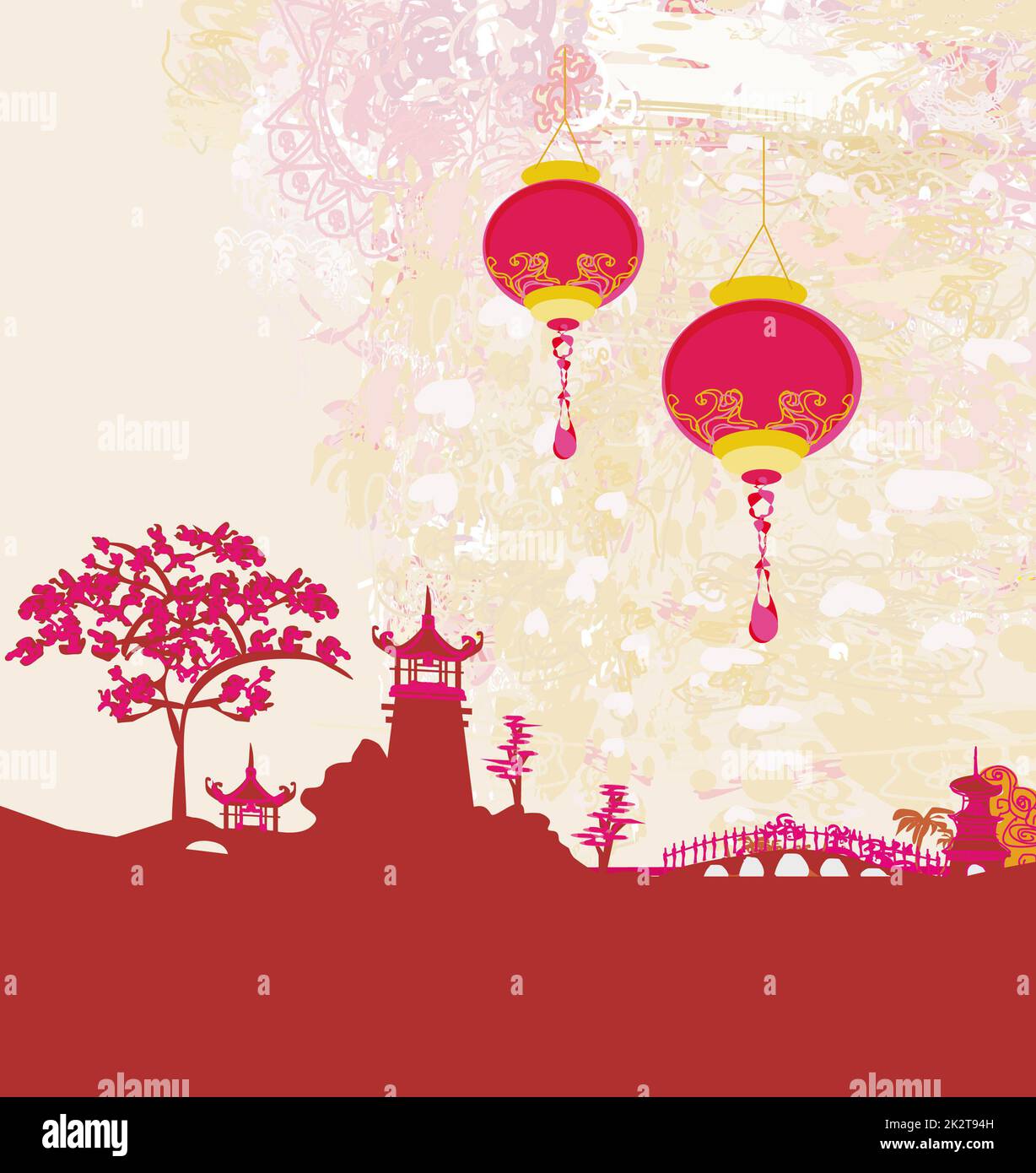 old paper with Asian Landscape and Chinese Lanterns - vintage japanese ...