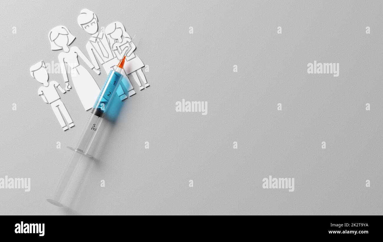 Medical syringe with a needle for family vaccination. 3D Rendering ...