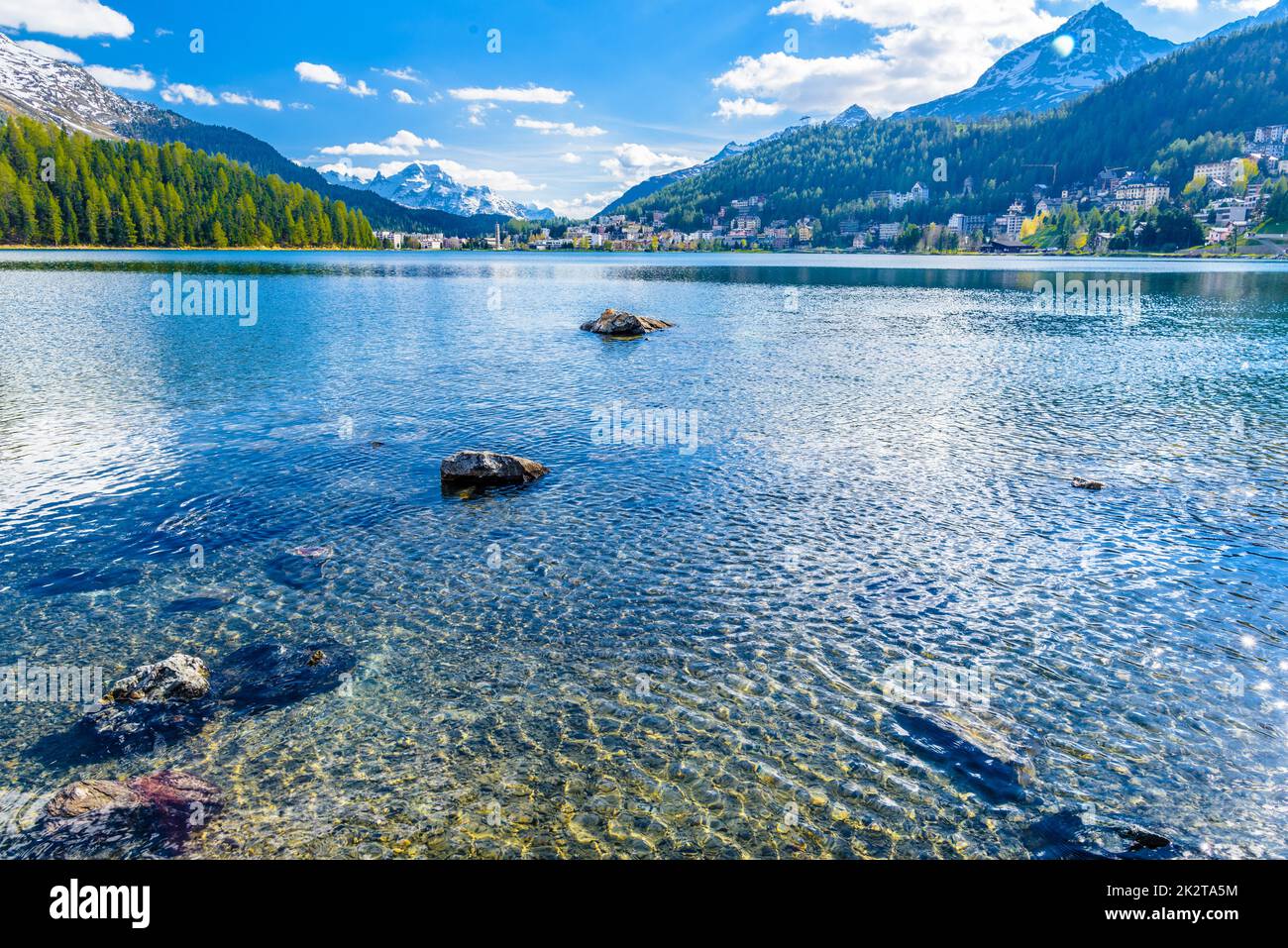 Crystal blue Lake St. Moritz, Sankt Moritz, Maloja, Grisons, Swi Stock ...