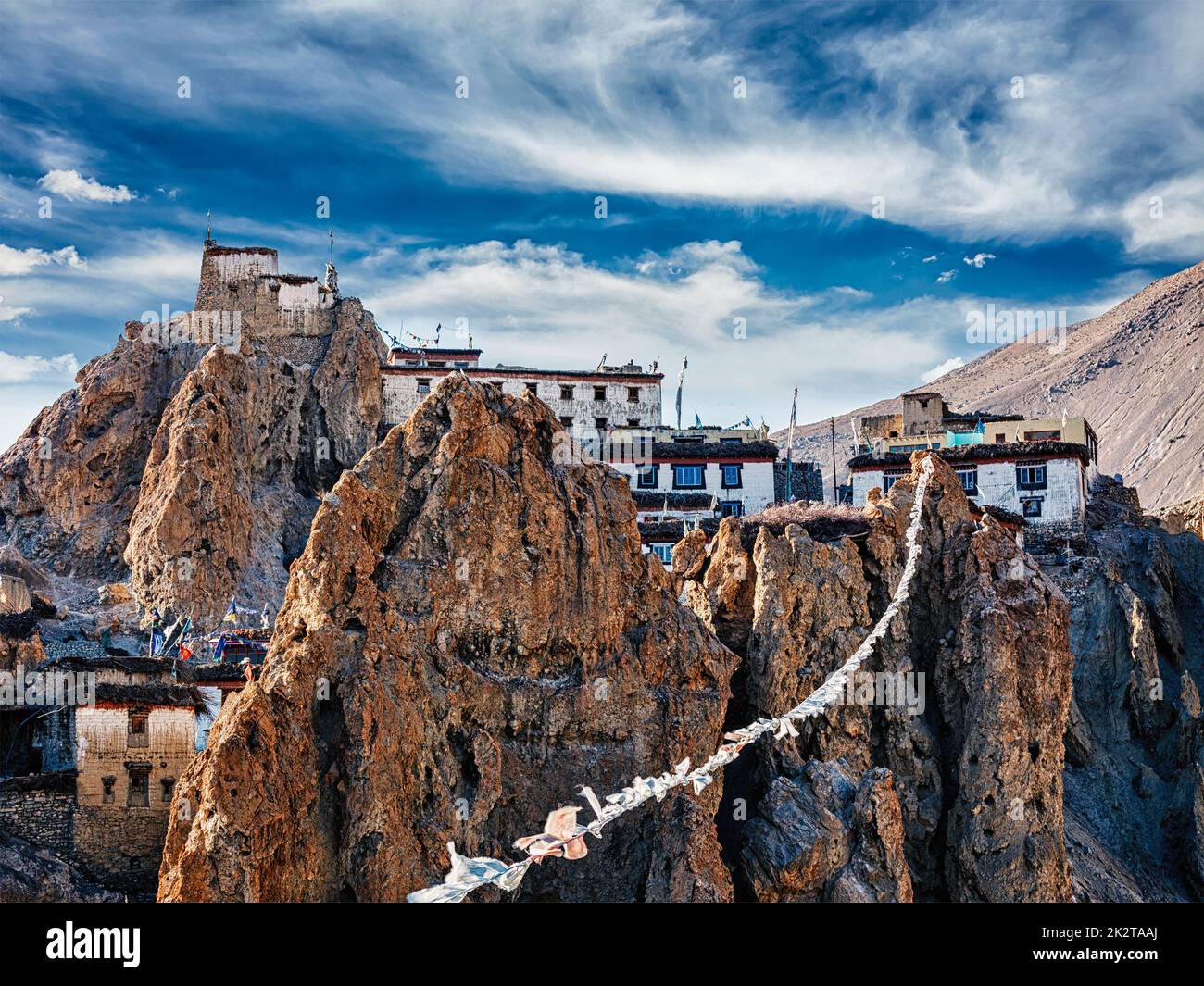 Dhankar gompa Tibetan Buddhist monastery and prayer flags lungta Stock ...