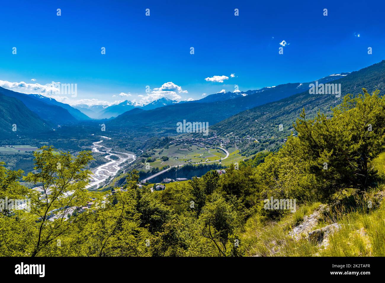 Trees and river in Swiss Alps mountains, Leuk, Visp, Wallis, Val Stock ...
