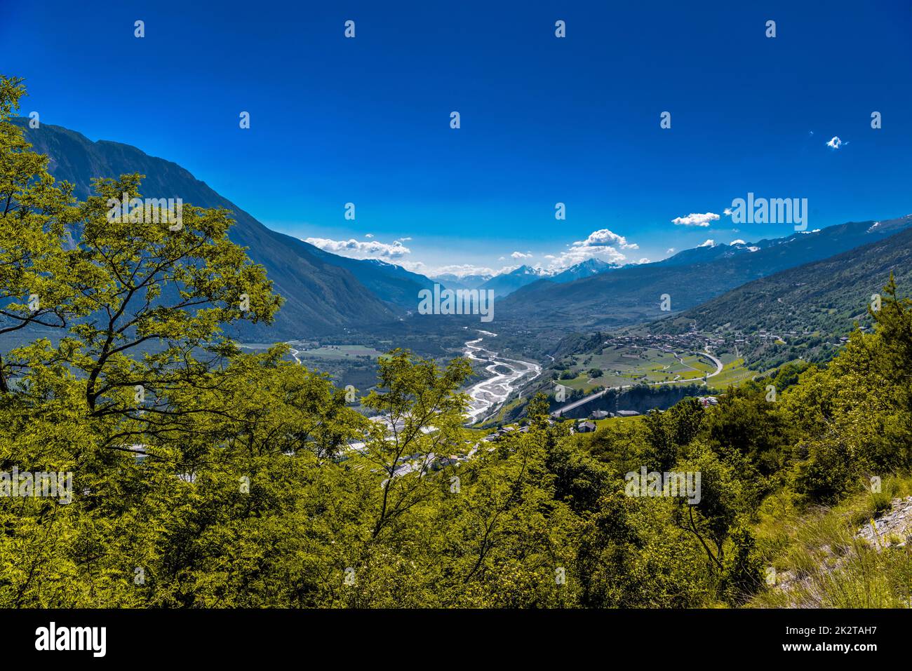 Trees and river in Swiss Alps mountains, Leuk, Visp, Wallis, Val Stock ...