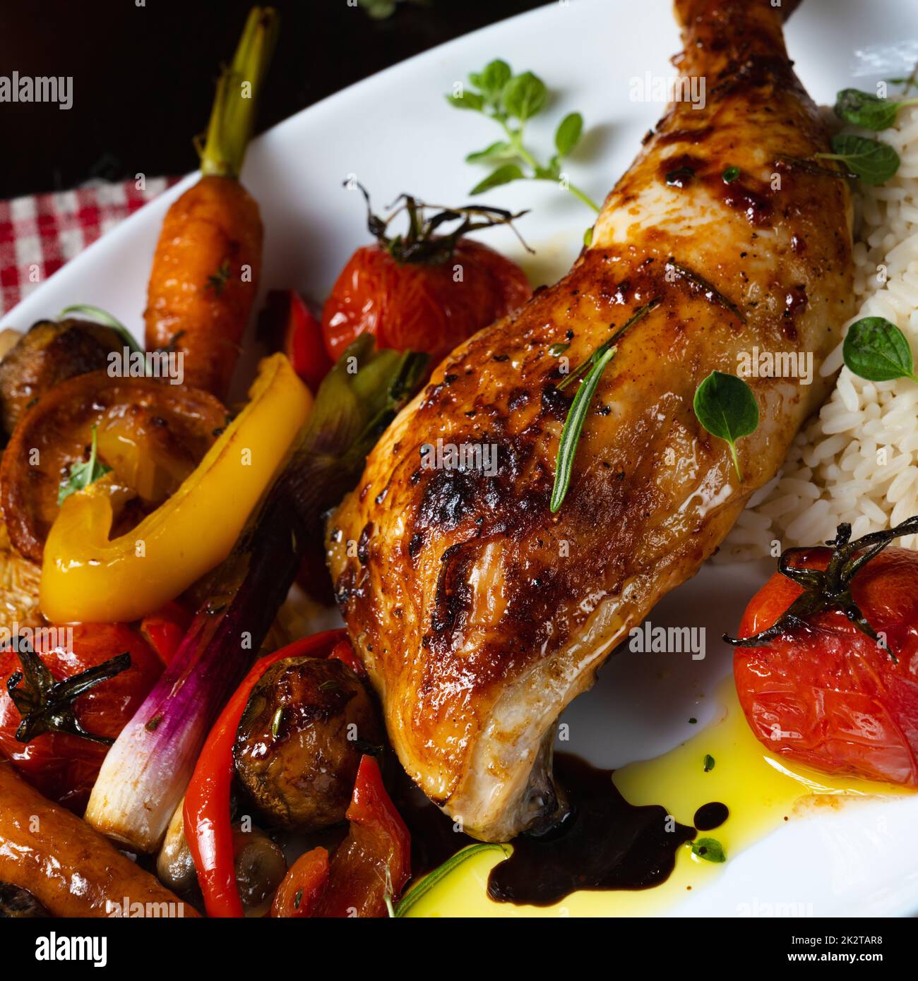 Rustic fried chicken legs with assorted vegetables and rice Stock Photo ...