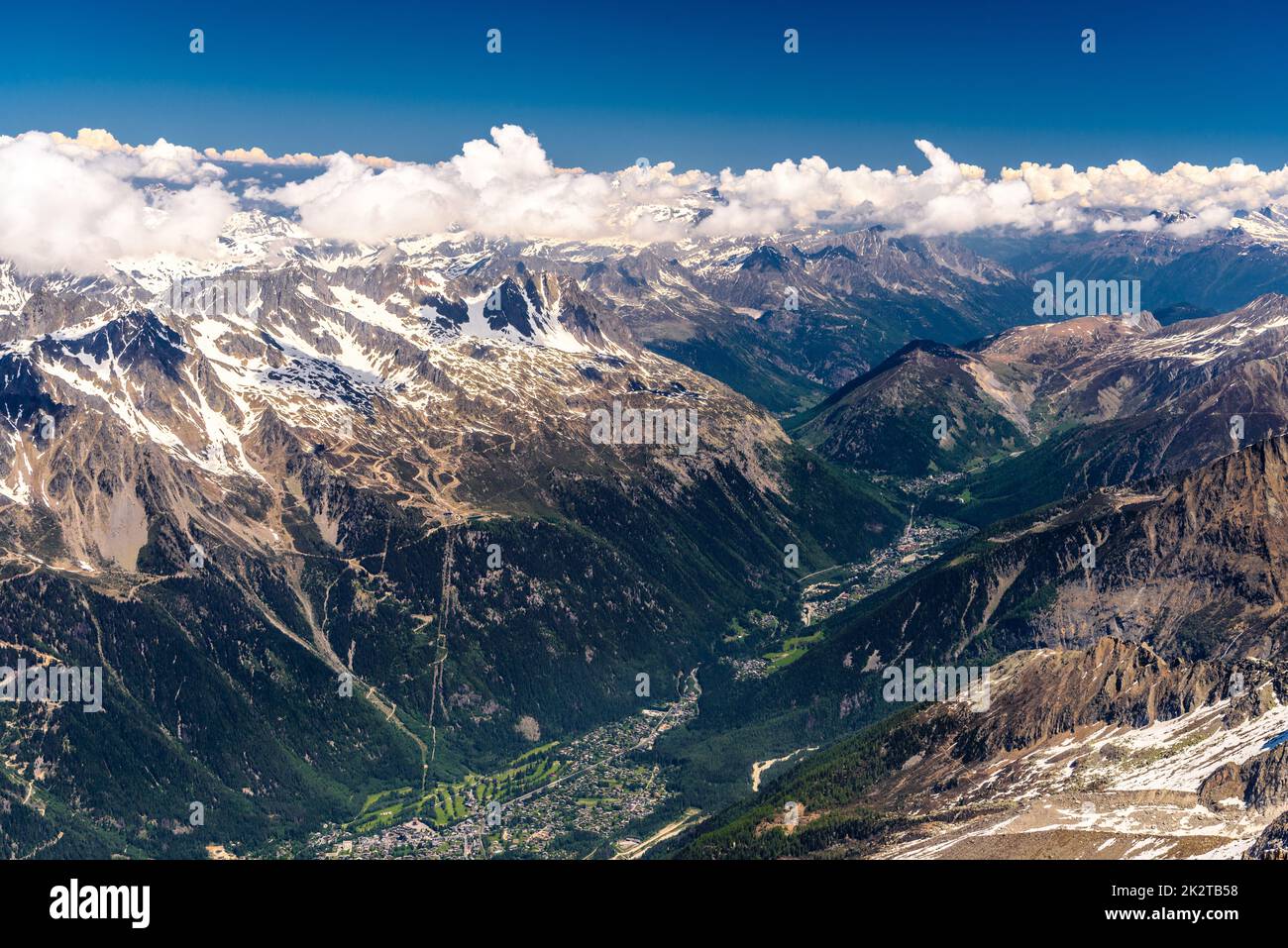Valley with villages between snowy mountains Chamonix, Mont Blan Stock ...