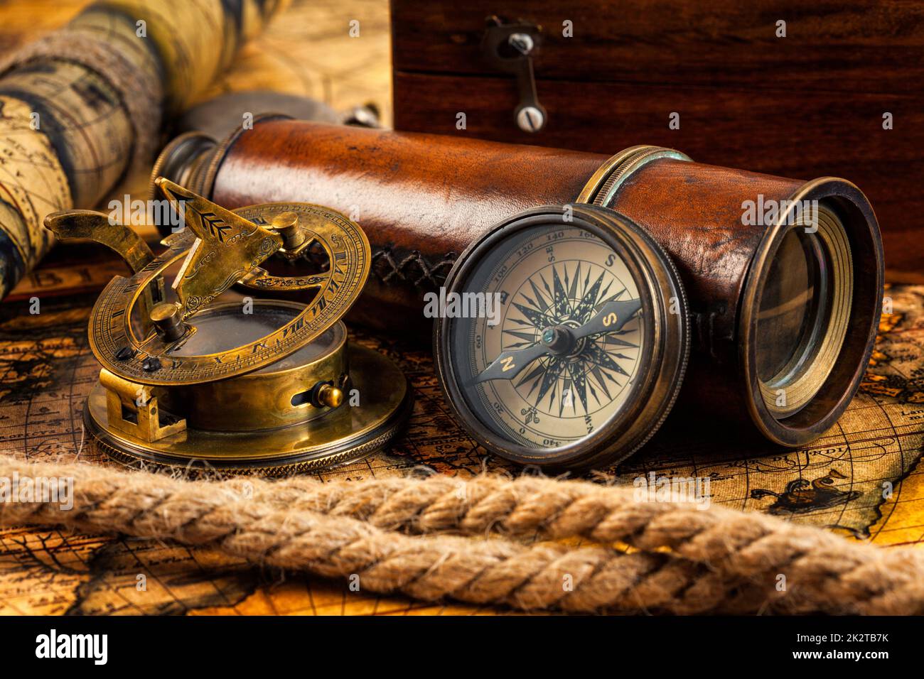 Old vintage compass and navigation instruments on ancient map Stock ...