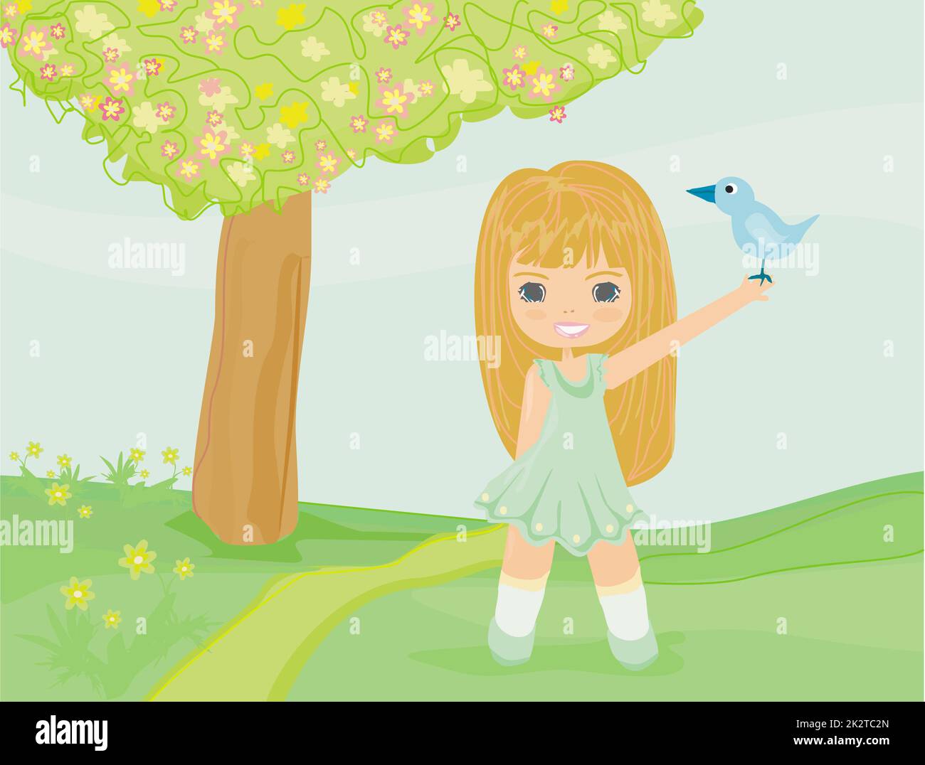 Sweet Spring - little happy girl with bird on her hand on rural ...