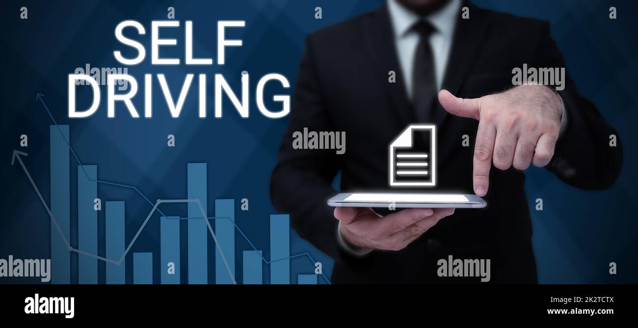 Conceptual caption Self Driving. Concept meaning Autonomous vehicle ...