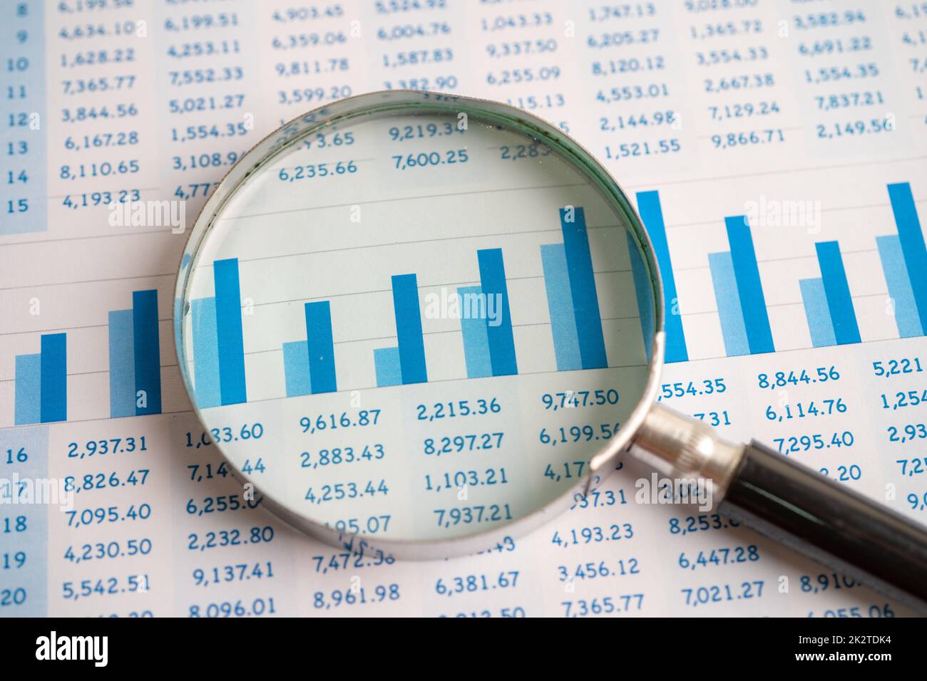 Magnifying glass on chart graph spreadsheet paper. Financial ...