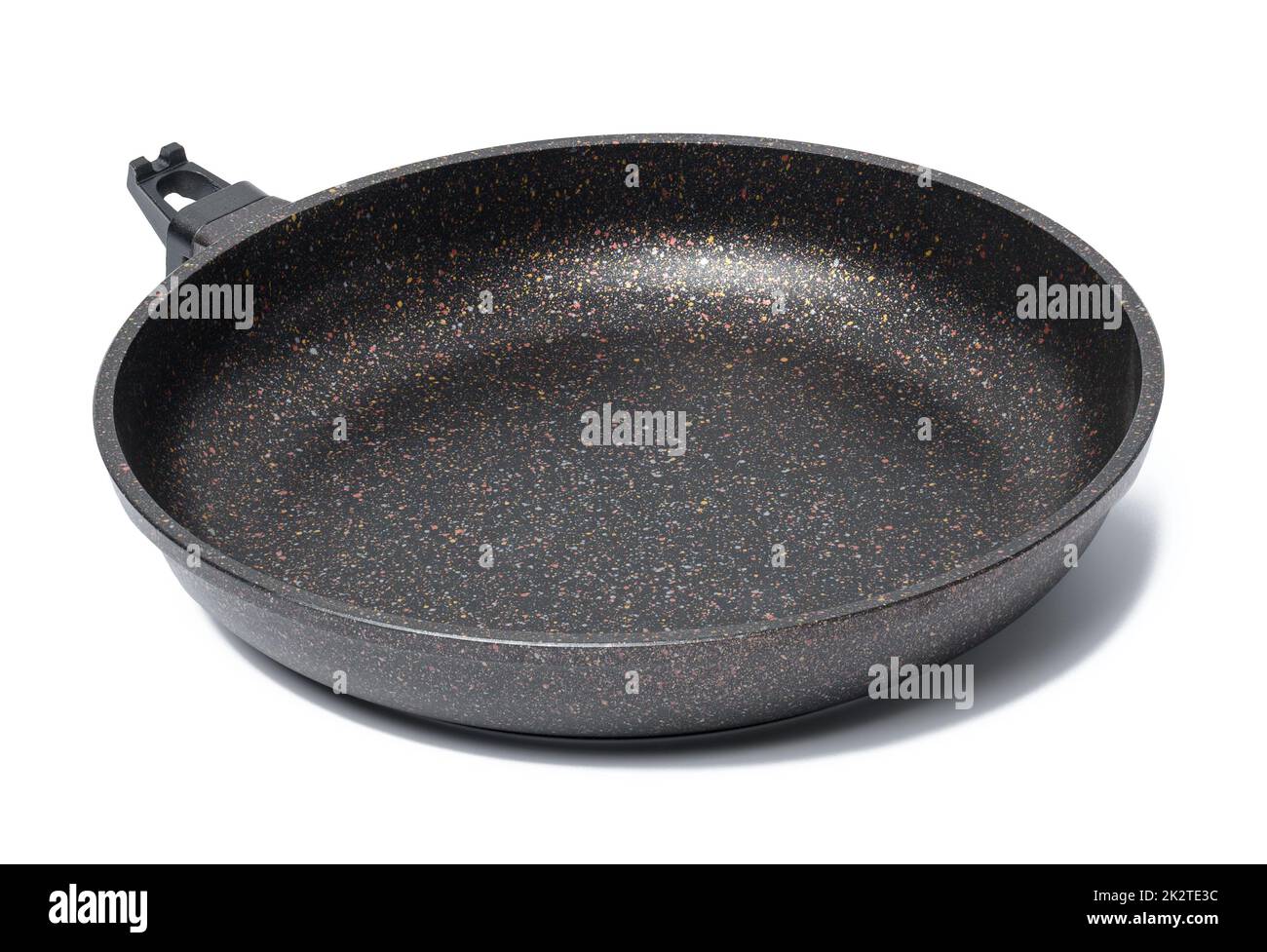 Empty black round metal plate with non-stick coating isolated on white ...
