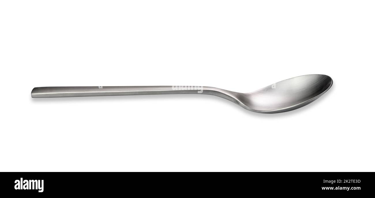 Empty metal spoon on a white isolated background. Brushed steel texture ...
