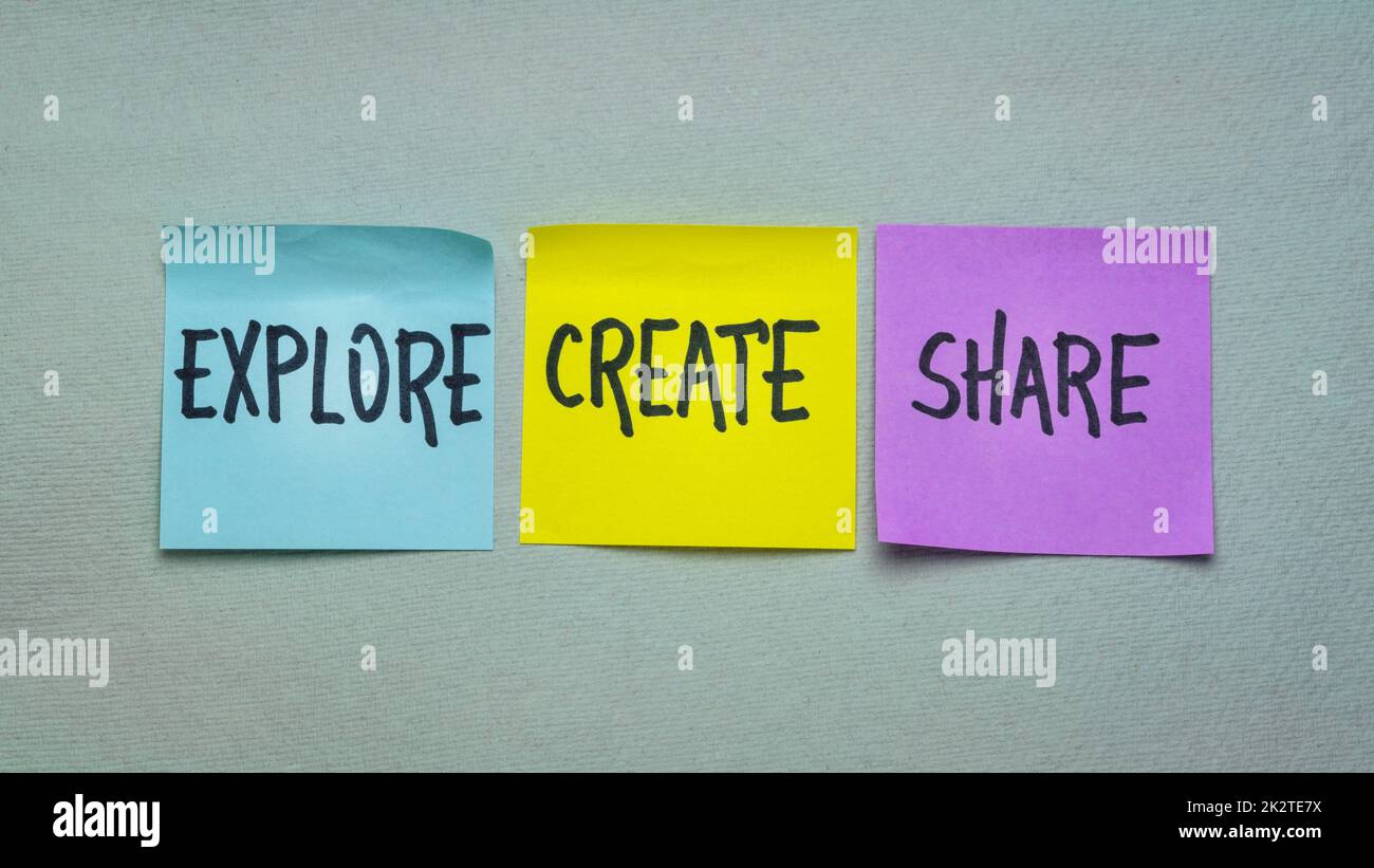 explore, create and share - reminder notes Stock Photo - Alamy