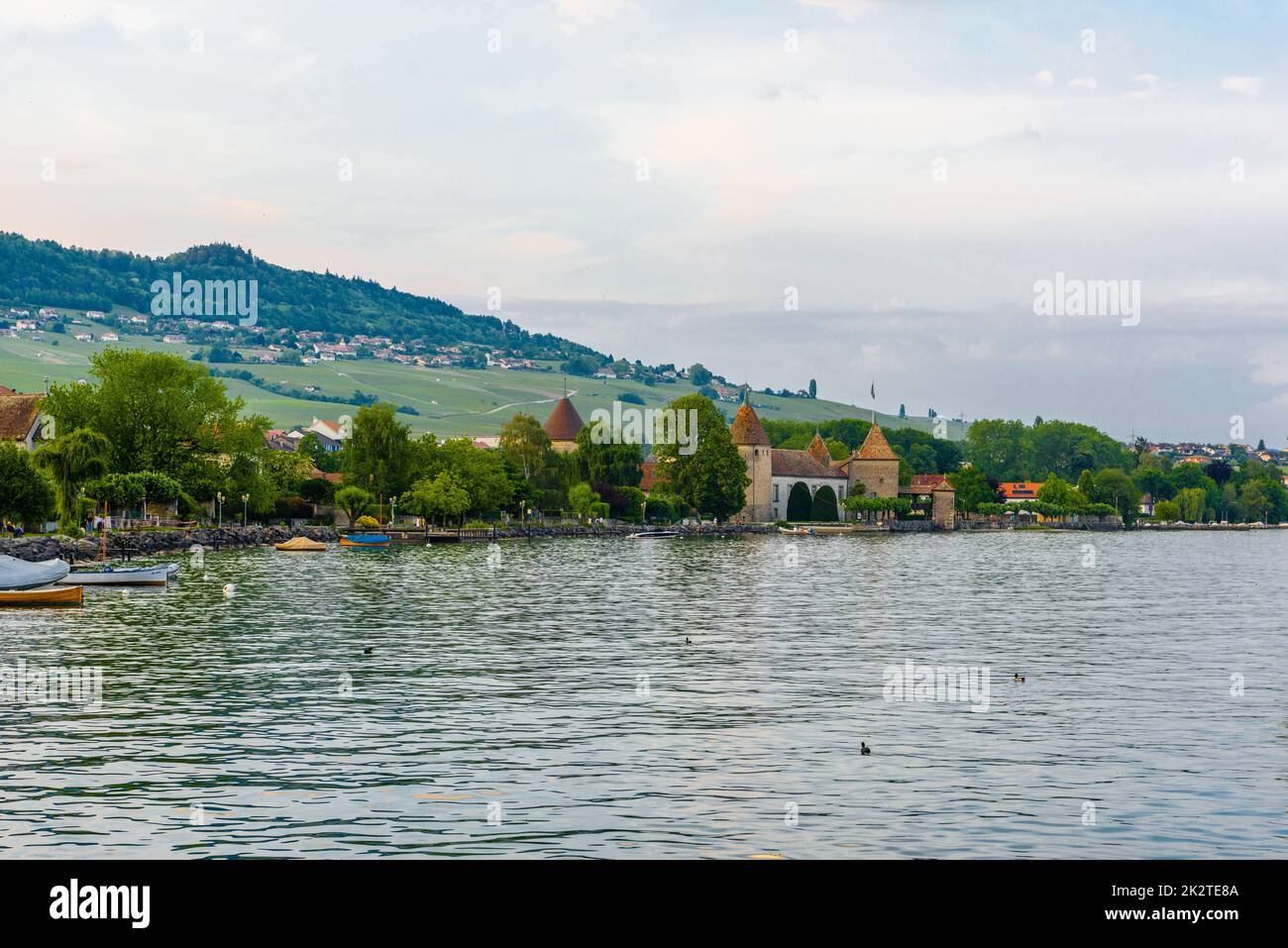 Sunset with reflections on beautiful Geneva lake, Switzerland Stock ...