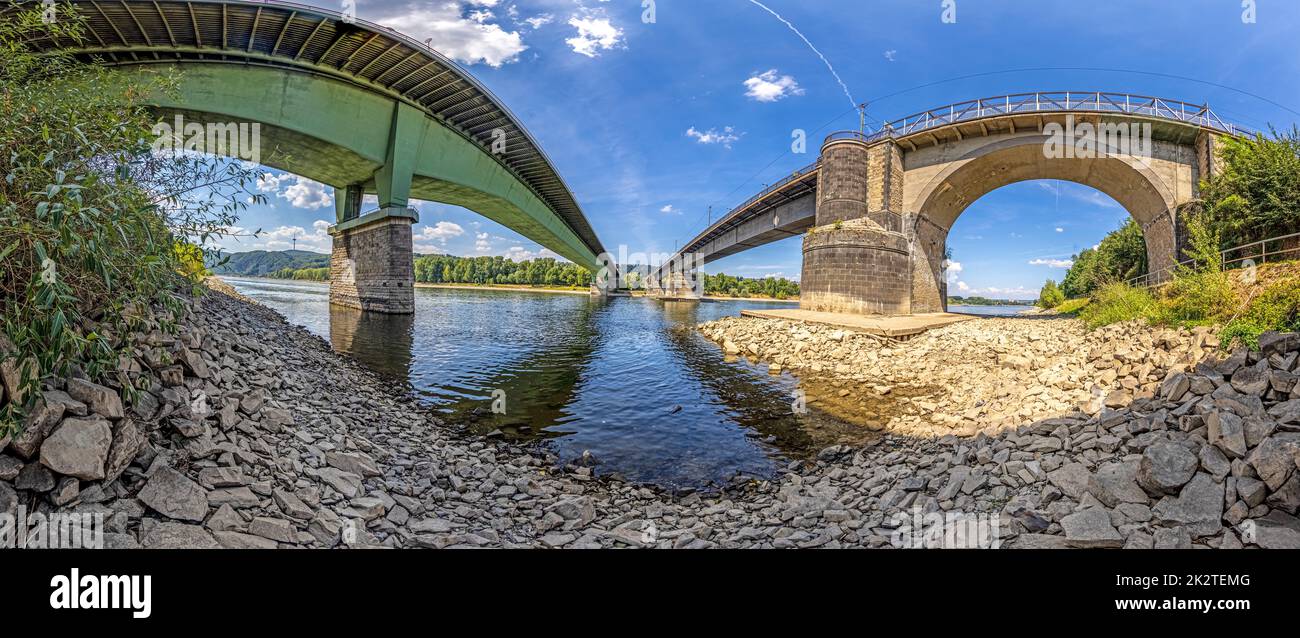 Wide-angle shot of a modern and a historic bridge over the Rhine Stock ...