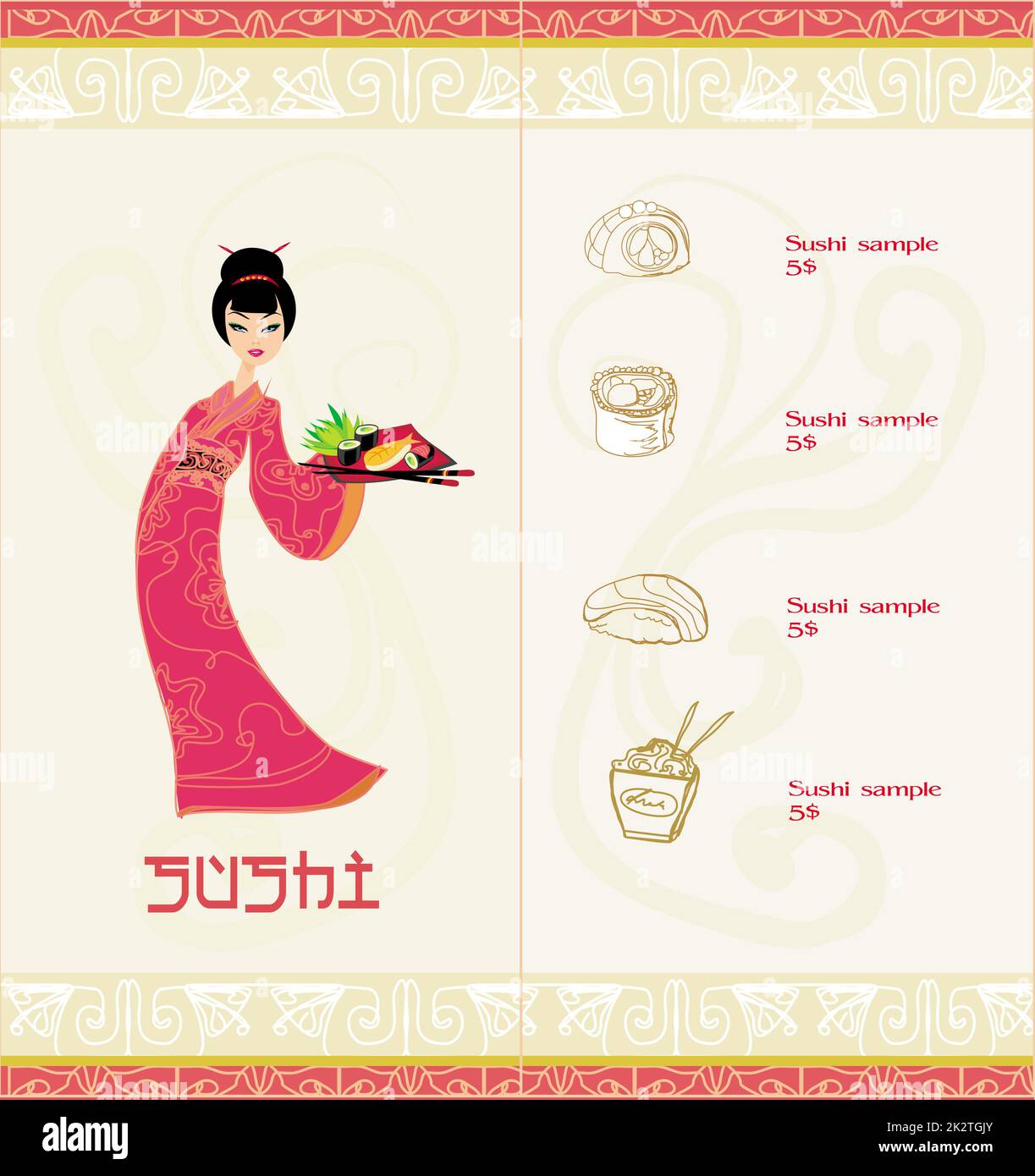 template of traditional Japanese food with Asian girl menu Stock Photo ...