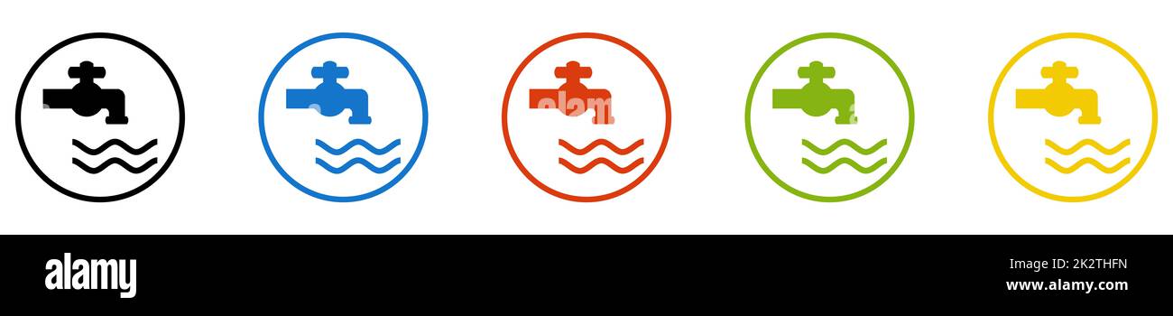 Round Button collection - Water tap Icon in black, blue, red, green and ...