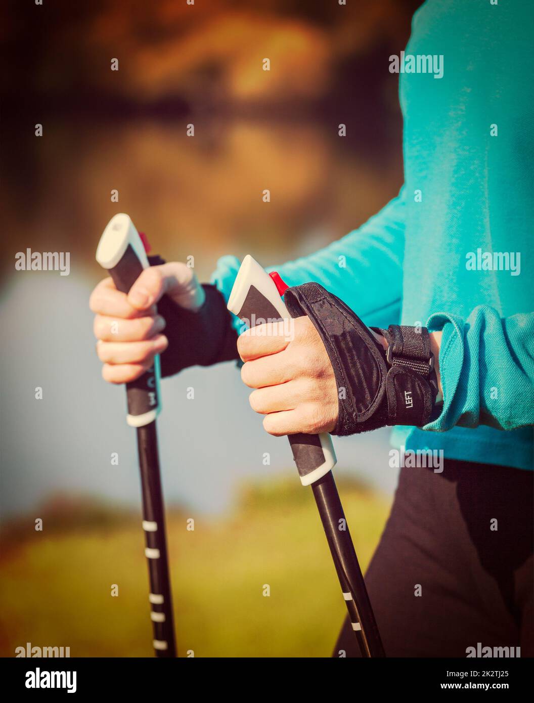 Woman's hand holding nordic walking poles Stock Photo - Alamy