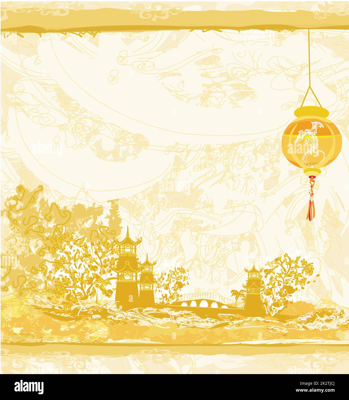 old paper with Asian Landscape and Chinese Lanterns - vintage japanese ...