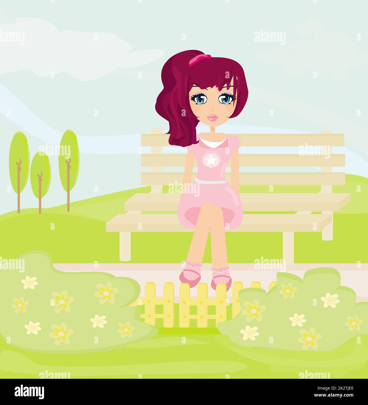 Sweet Spring - little girl on a bench in the park Stock Photo - Alamy