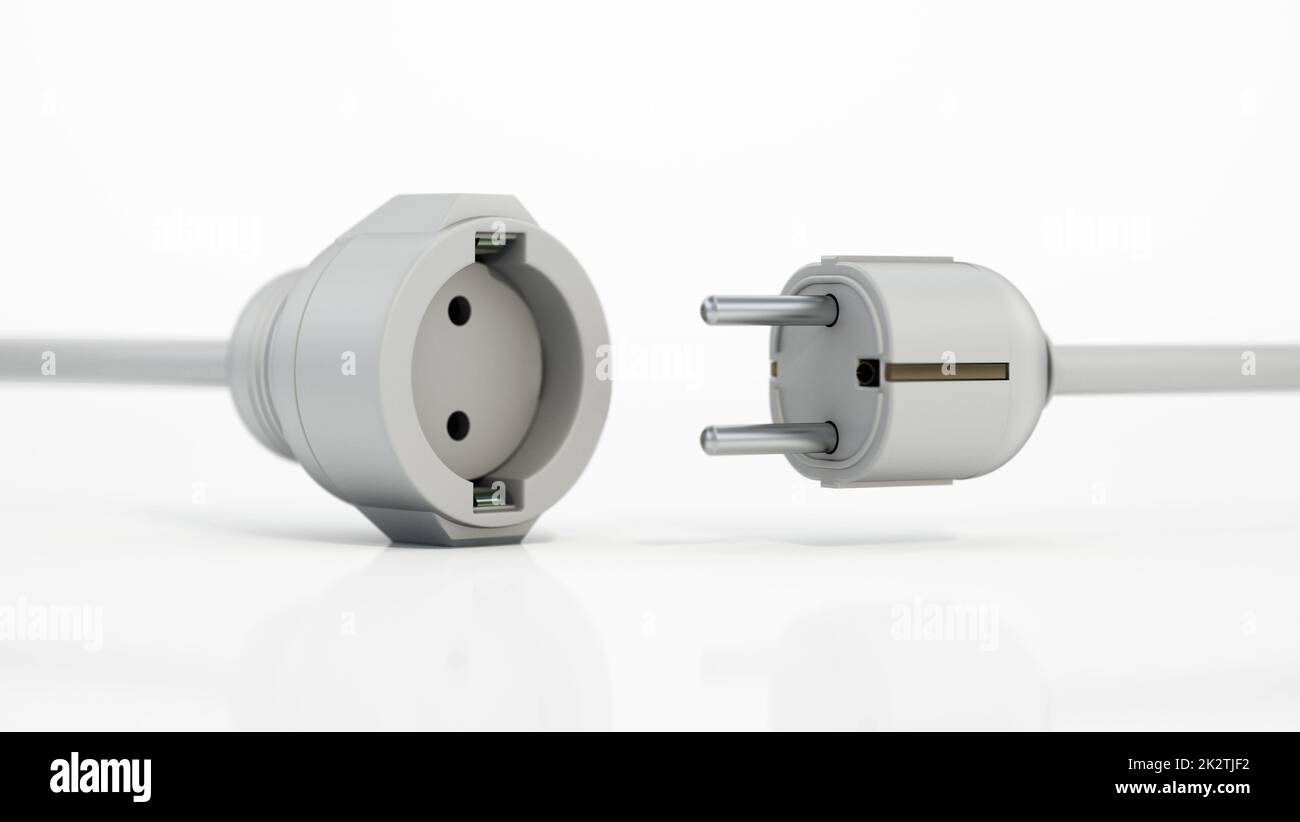 Electric plug and power socket isolated on white background. 3D ...