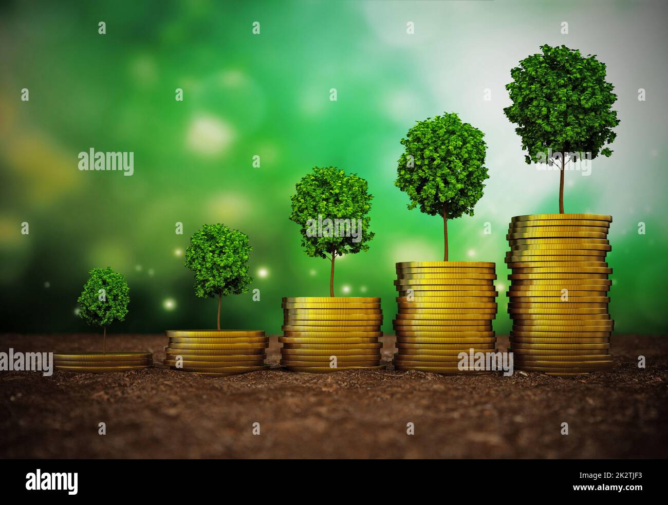 Growing trees on rising gold coin stacks. 3D illustration Stock Photo ...