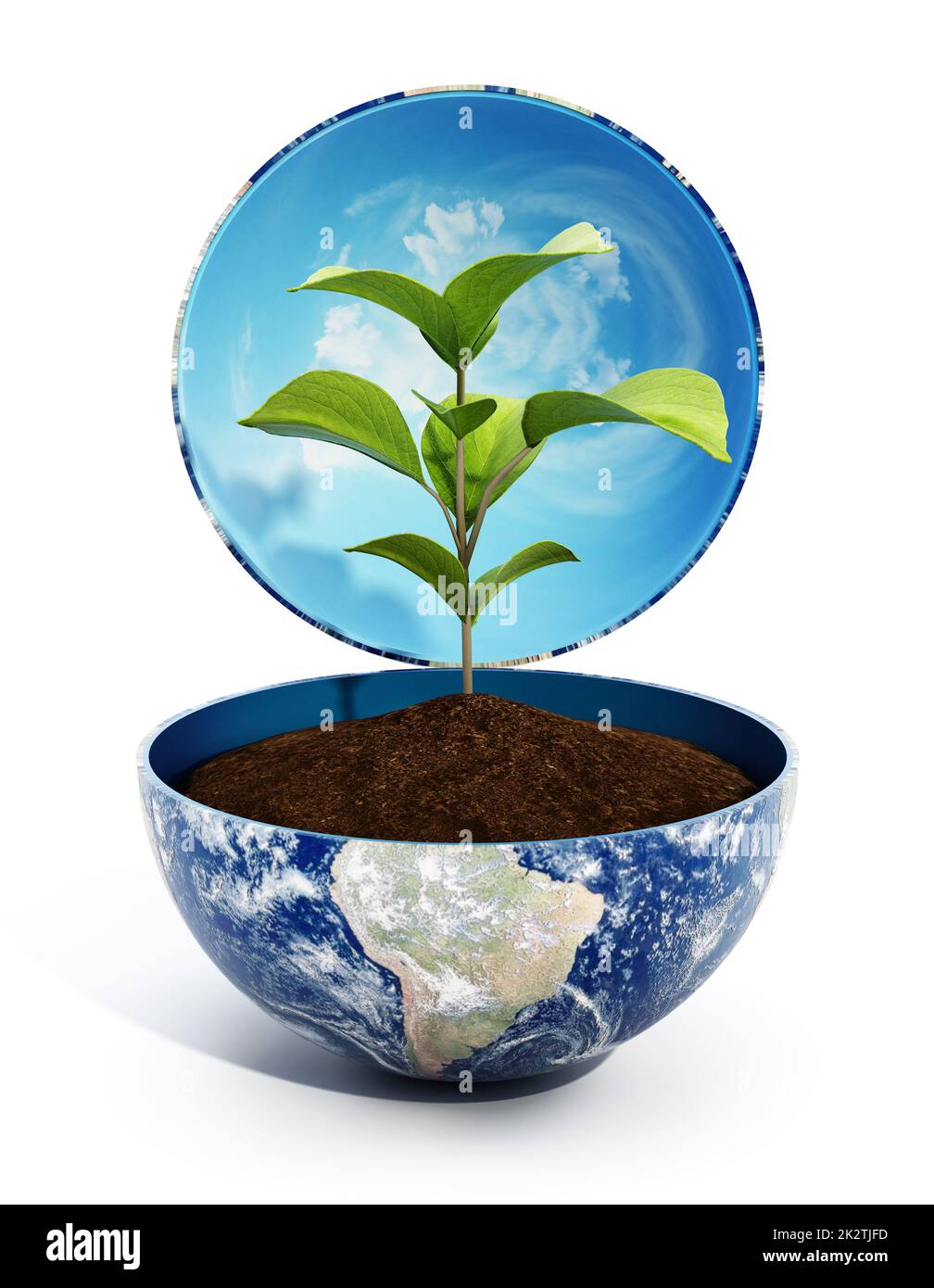 Growing plant inside half opened globe. 3D illustration Stock Photo - Alamy