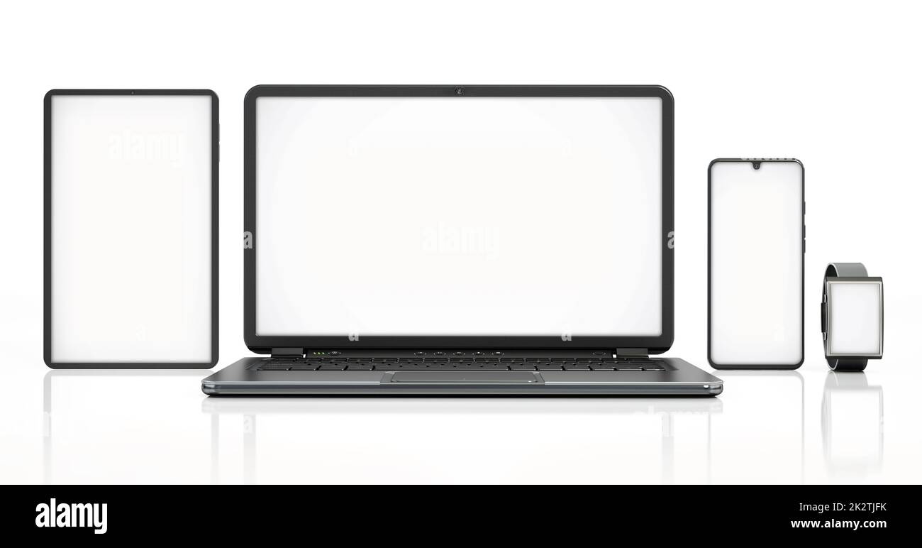 Mobile devices with blank screens isolated on white background. 3D ...