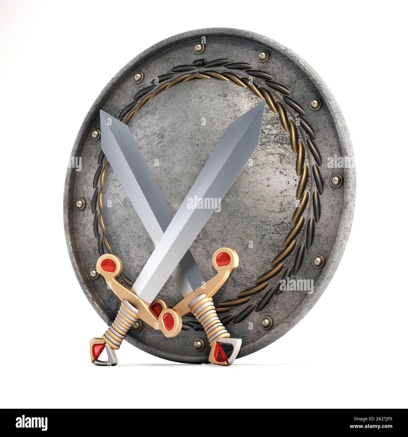 Round metal shield and swords isolated on white background. 3D ...
