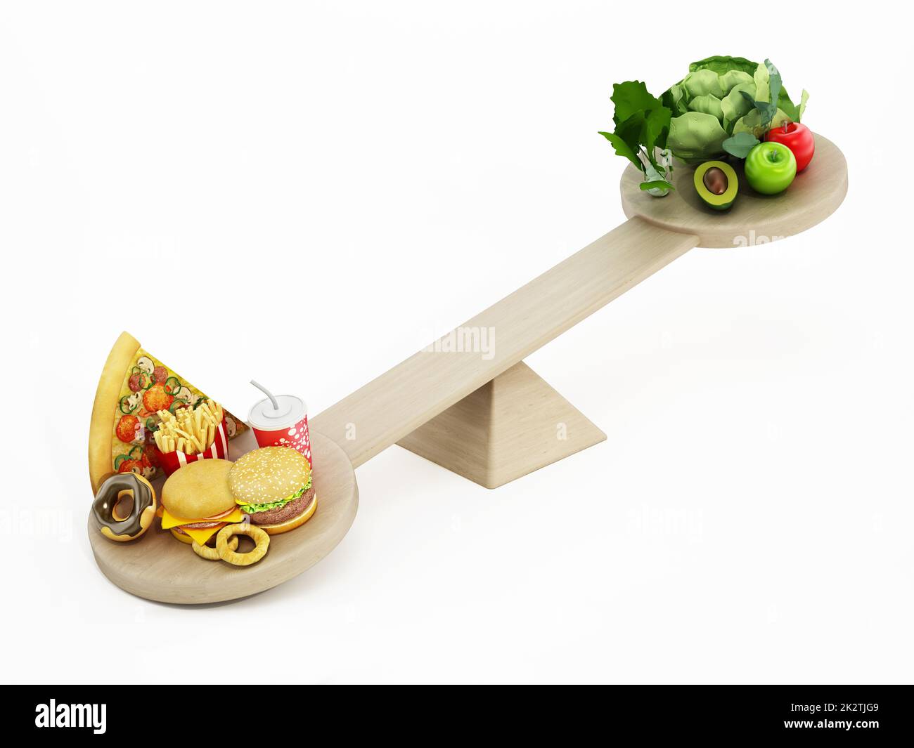 Fast food versus healthy food standing at two ends of the seesaw. 3D ...