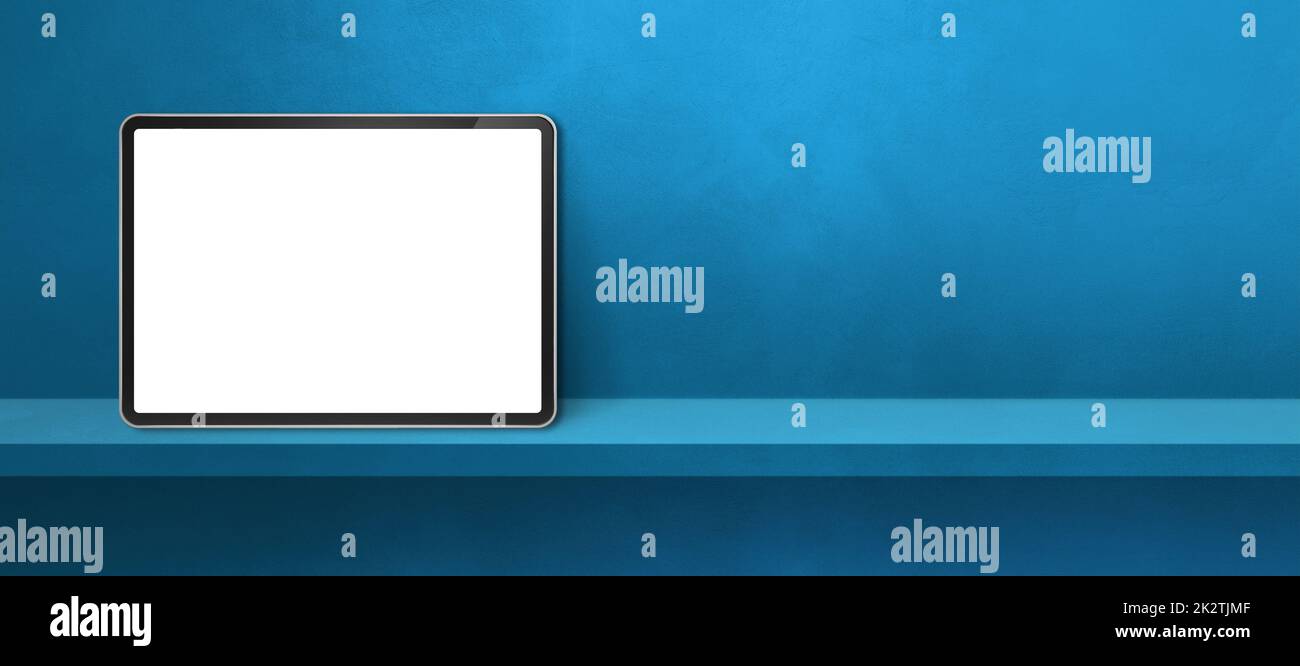 Digital tablet pc on blue wall shelf. Background banner Stock Photo - Alamy