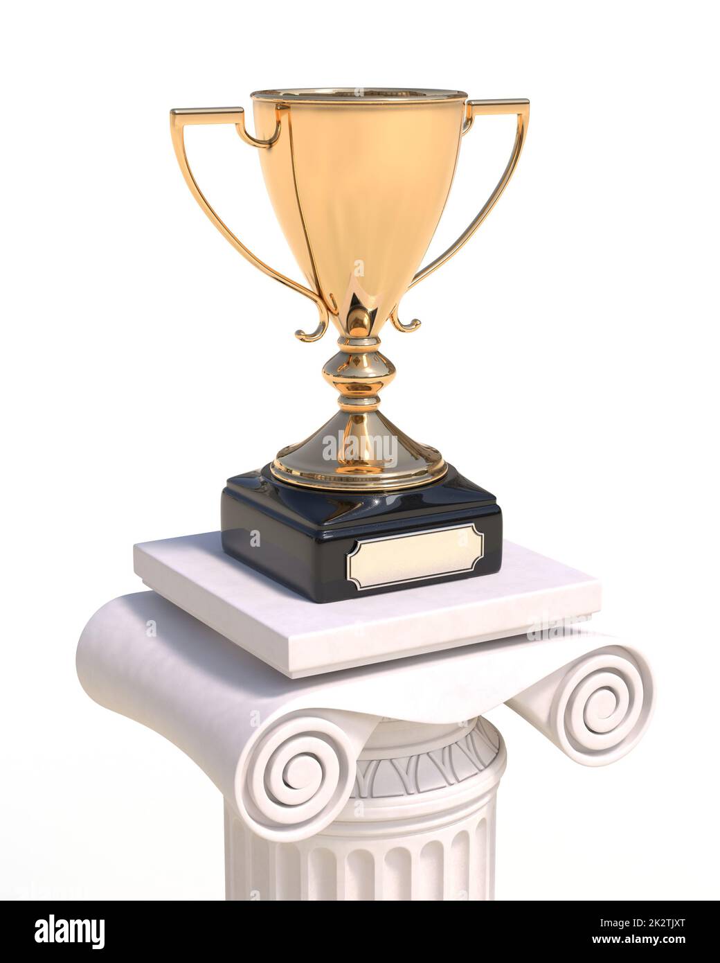 Golden trophy cup on an antique column in greek style 3D illustration ...