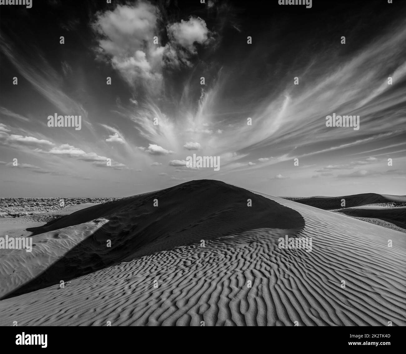 Dunes of Thar Desert. Sam Sand dunes, Rajasthan, India. Black and white ...