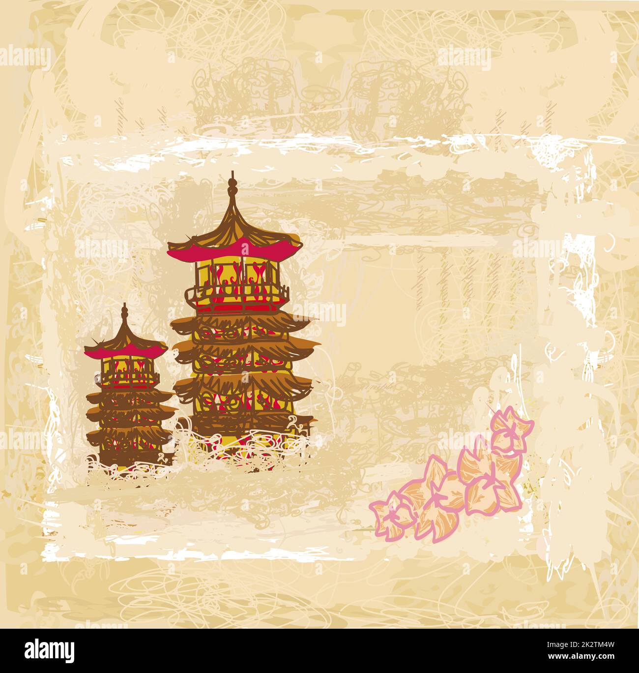 old paper with Japanese temple on abstract Asian Landscape Stock Photo ...