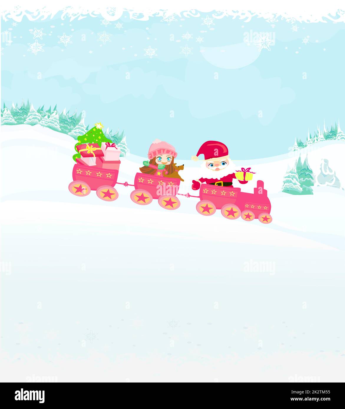 Santa Claus with little happy girl Christmas Train on winter landscape ...