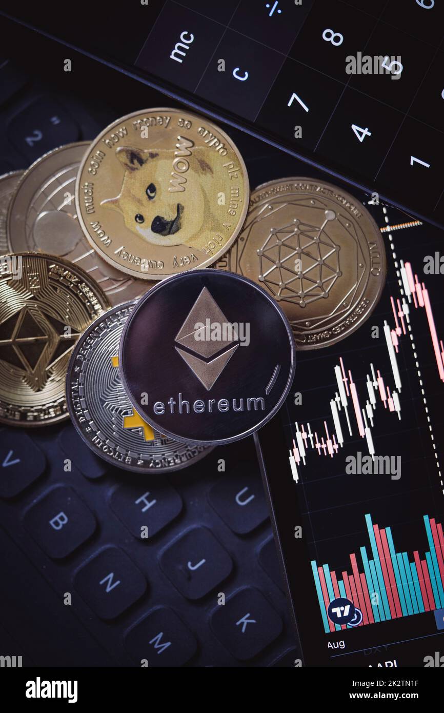 Various Cryptocurrencies with candle stick graph chart and digital ...