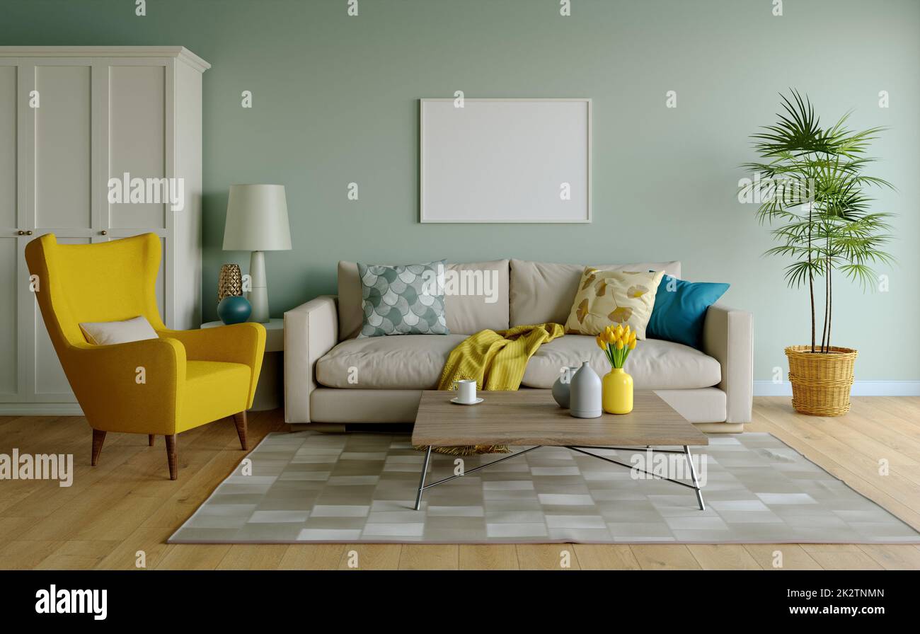3D interior design of a bright living room Stock Photo - Alamy
