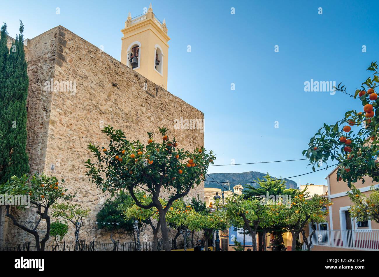 Church in the historic center of the Mediterranean town of Calpe, Spain ...
